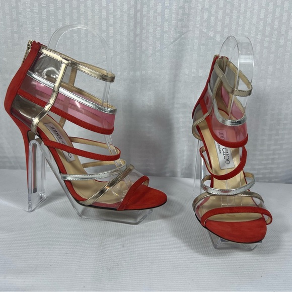 Jimmy Choo | Shoes | Jimmy Choo Strappy Red Suede Metallic Sandals 375 ...